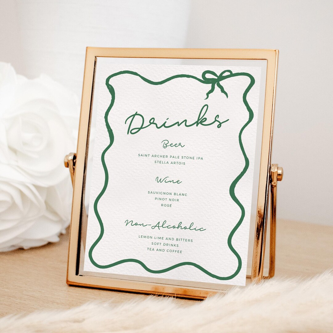 Drinks Menu Wavy Bow Template Green the Bar Wedding Bridal Shower ...