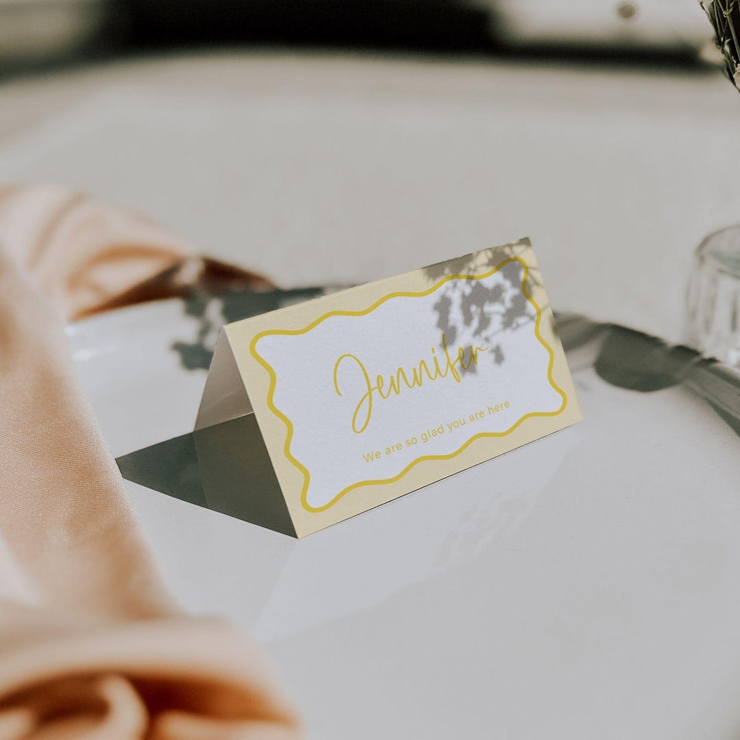 Lemon Yellow Place Cards Wave Template, Retro Gender Neutral, Editable ...