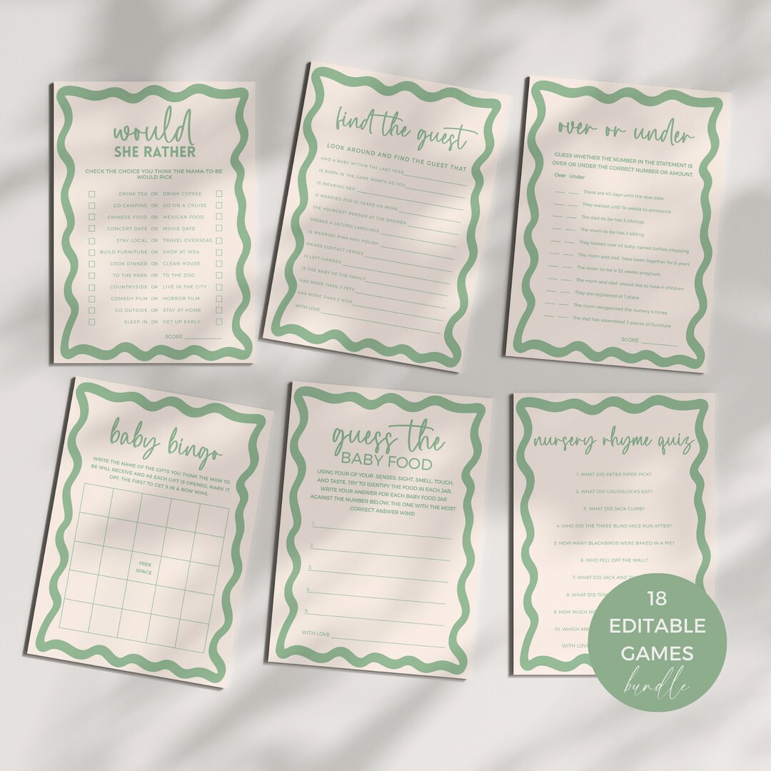Most Fun Baby Shower Games 18 Bundle, Editable Gender Neutral Wavy ...