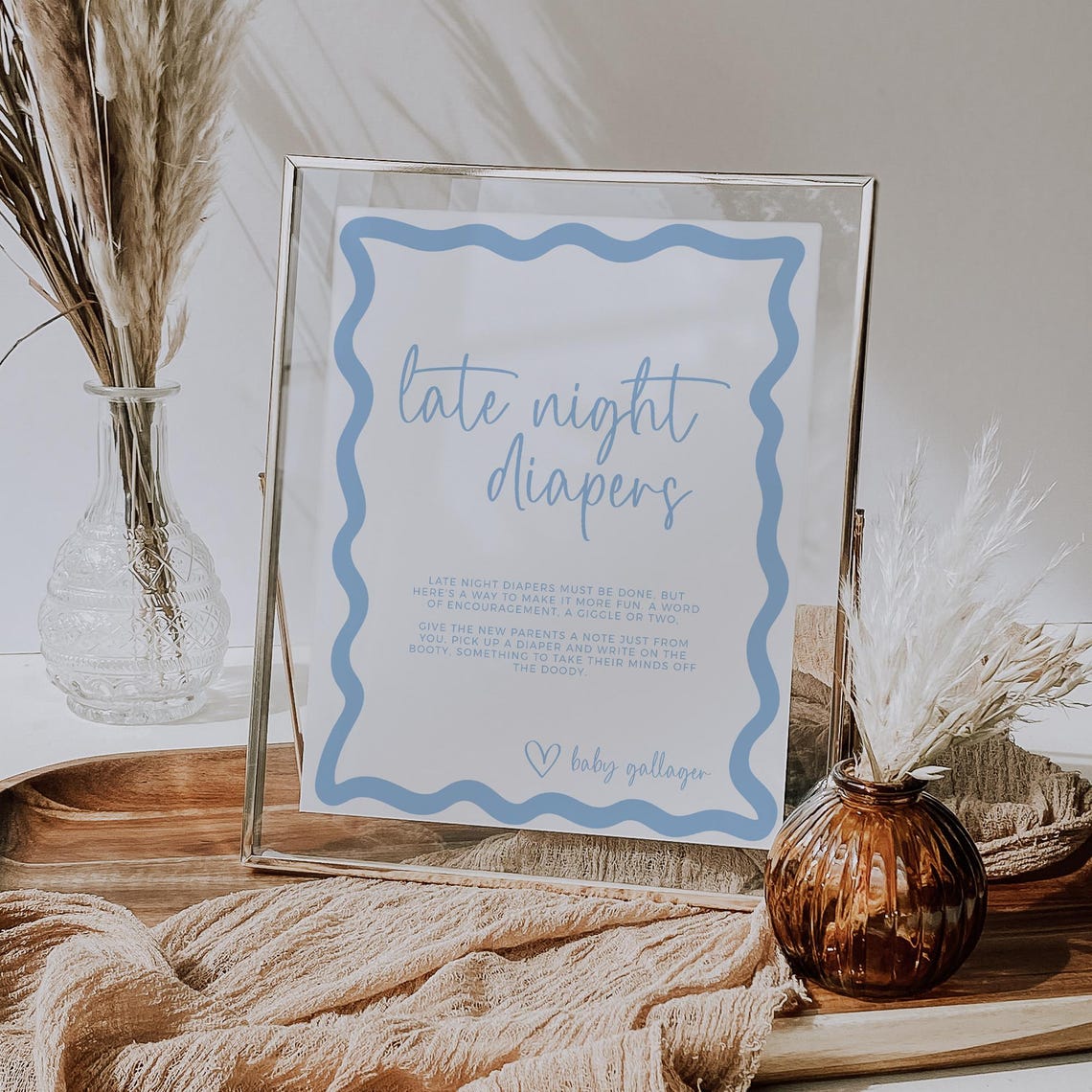 Late Night Diapers Note Sign, Boho Blue Beige Wavy Hand Drawn Retro ...