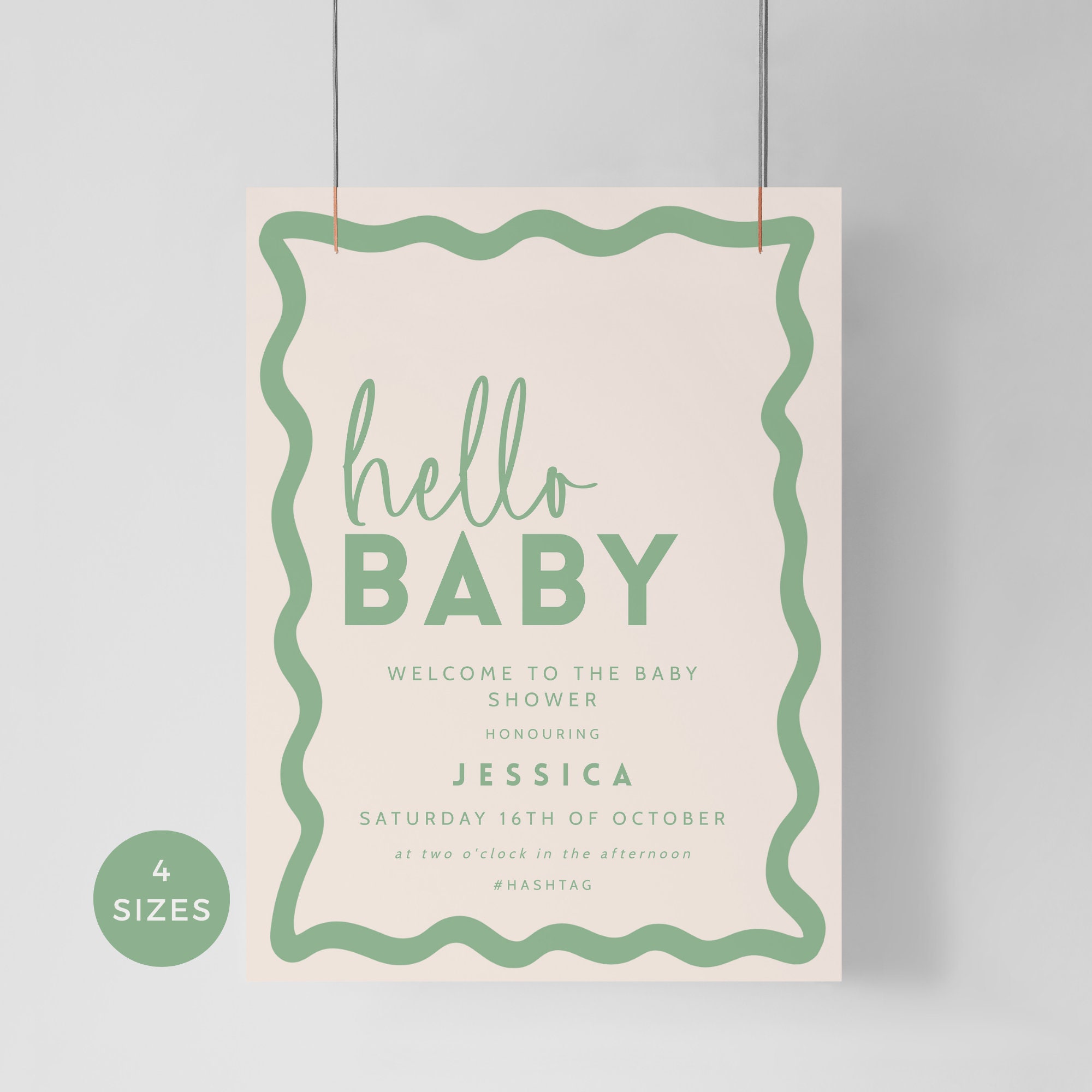Sage Green Retro Wavy Border Baby Shower Welcome Sign, Editable ...