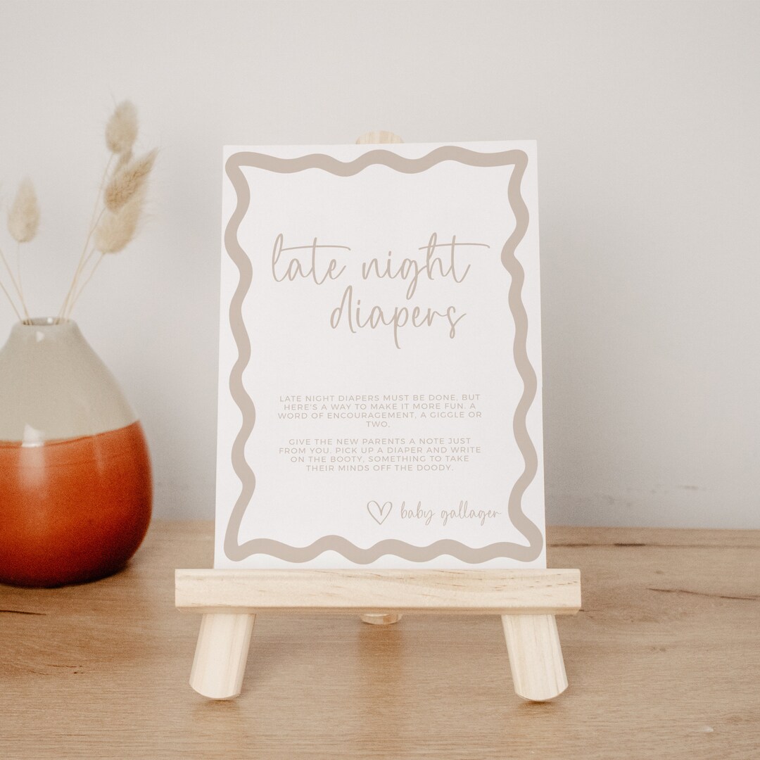 Gender Neutral Boho Late Night Diapers Note Sign, Wavy Retro Border ...