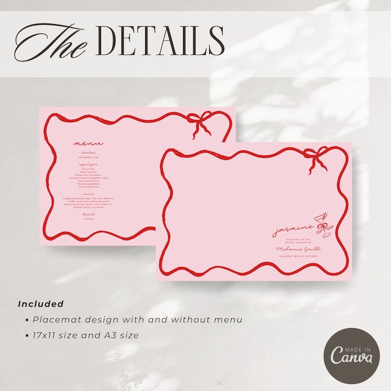Red Pink Wavy Bow Placemat Canva Template Baby Shower Hens Bridal ...