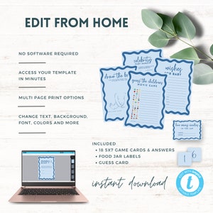 Most Fun Baby Shower Games 18 Bundle, Editable Dusty Blue Boy Wavy ...