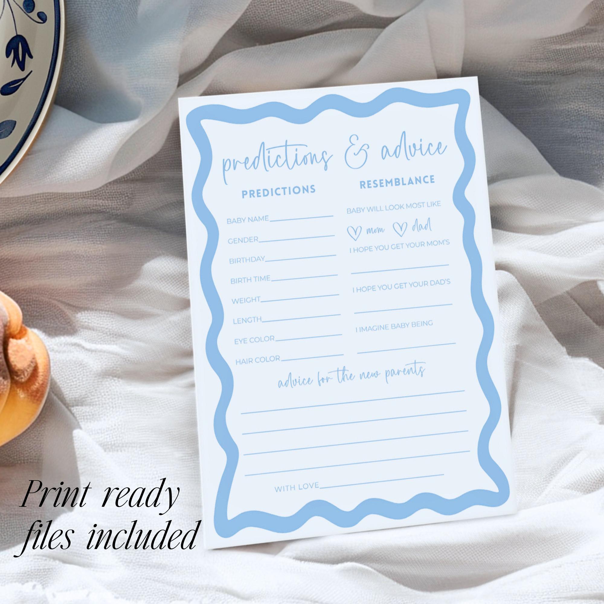 Predictions and Advice Baby Shower Games Boho Blue Beige Wavy Border ...