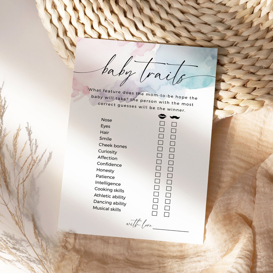 Gender Reveal Baby Traits Watercolor Card, Baby Shower Game, Baby ...