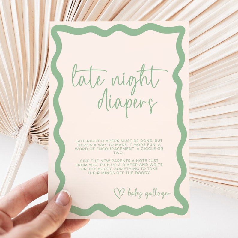 Late Night Diapers Note Sign, Sage Green Wavy Retro Border, Nappy ...