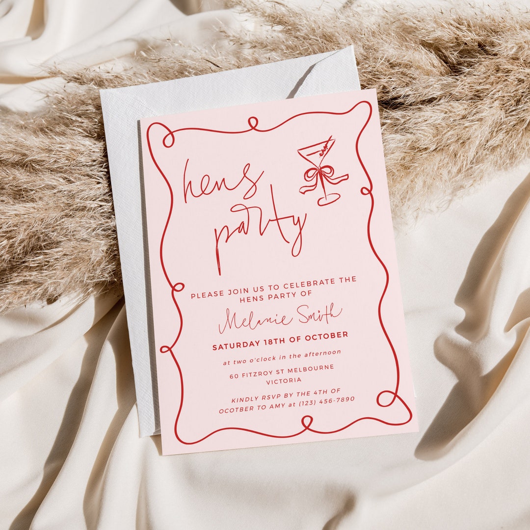 Wavy Border Hens Party Invite, Bridal Shower Bachelorette Invitation ...