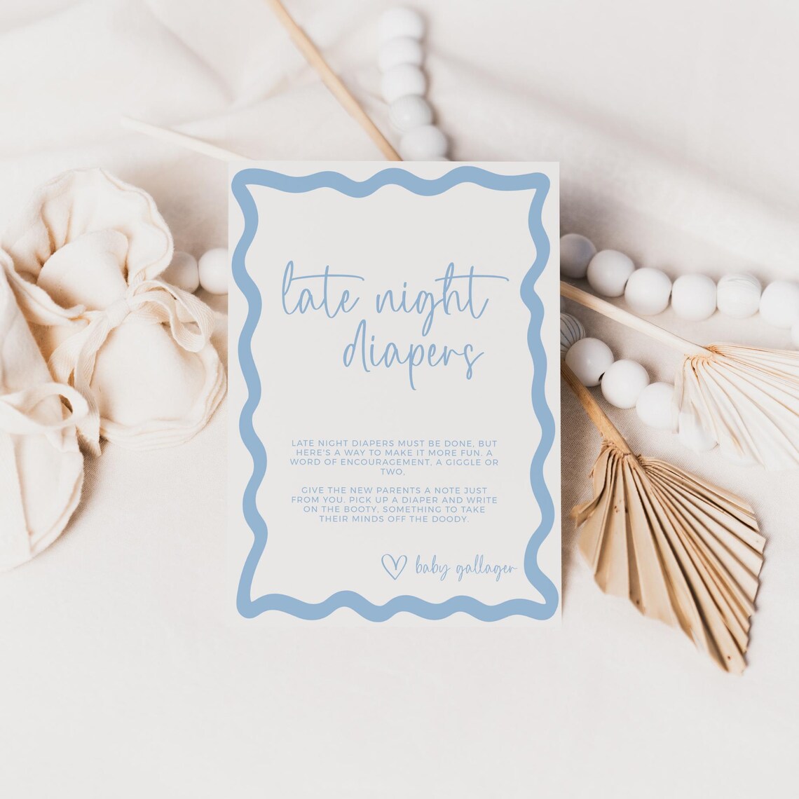 Late Night Diapers Note Sign, Boho Blue Beige Wavy Hand Drawn Retro ...