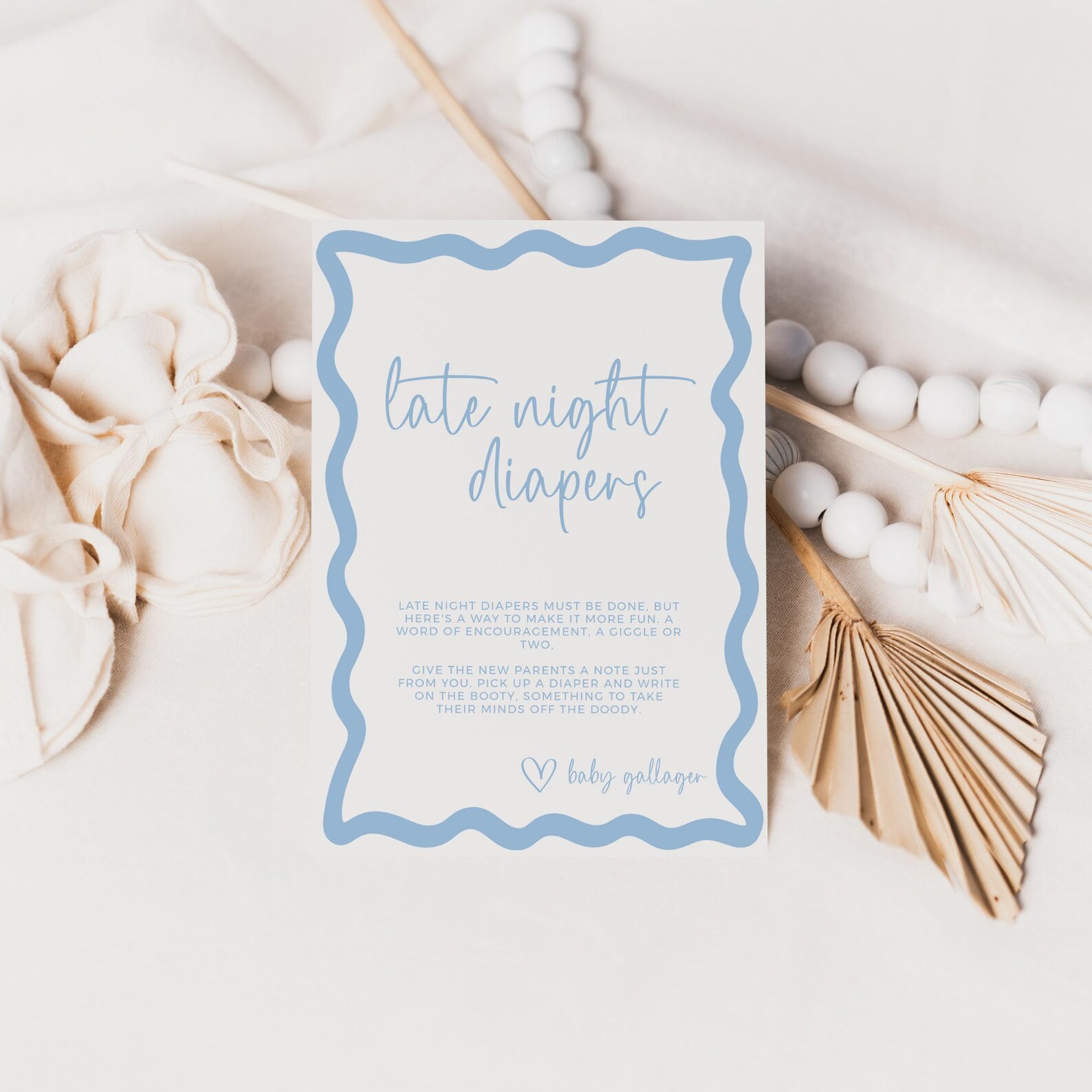 Late Night Diapers Note Sign, Boho Blue Beige Wavy Hand Drawn Retro ...