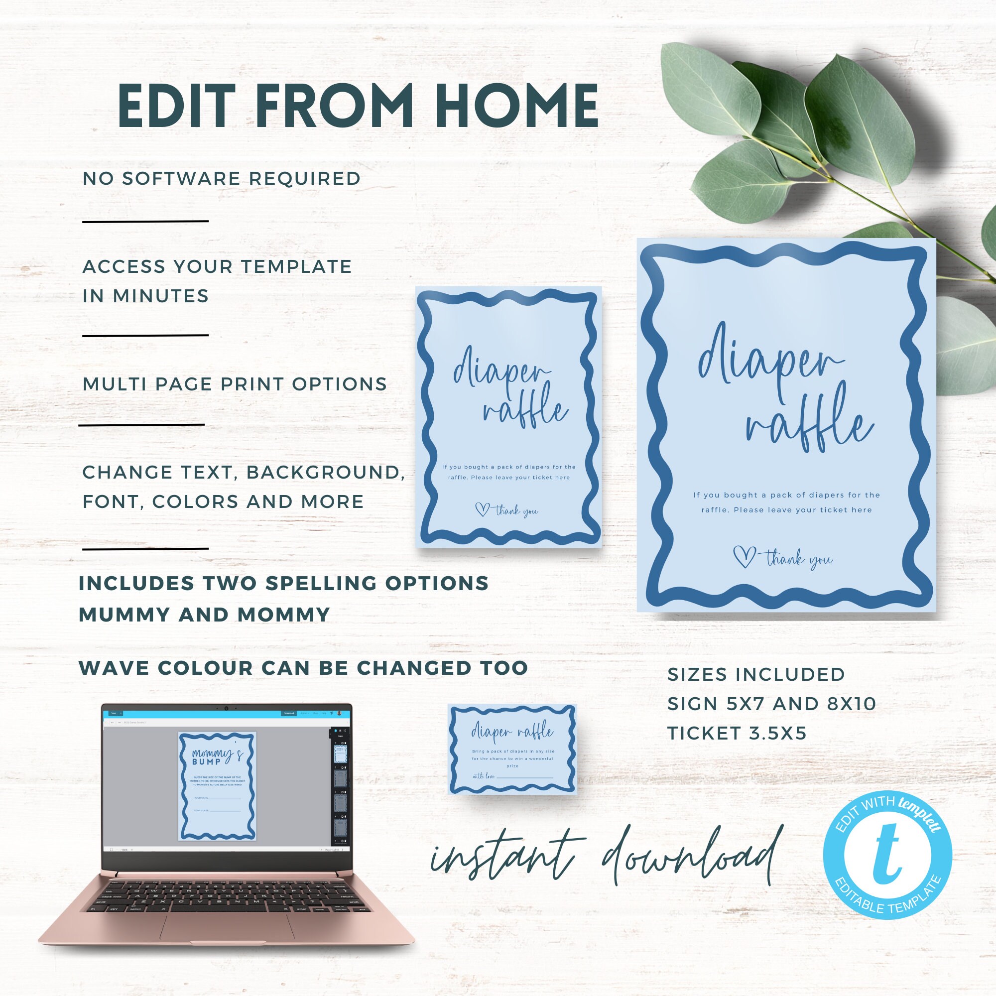 Wavy Border Template Diaper Raffle Sign, Template Editable Dusty Blue ...