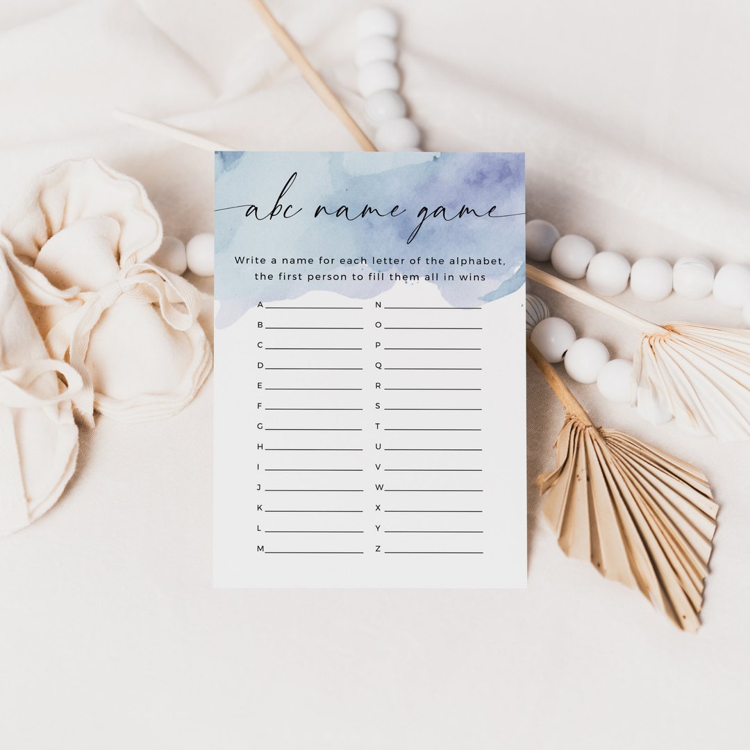 Dusty Blue ABC Baby Name Game, Watercolor Fun DIY Party Activity ...
