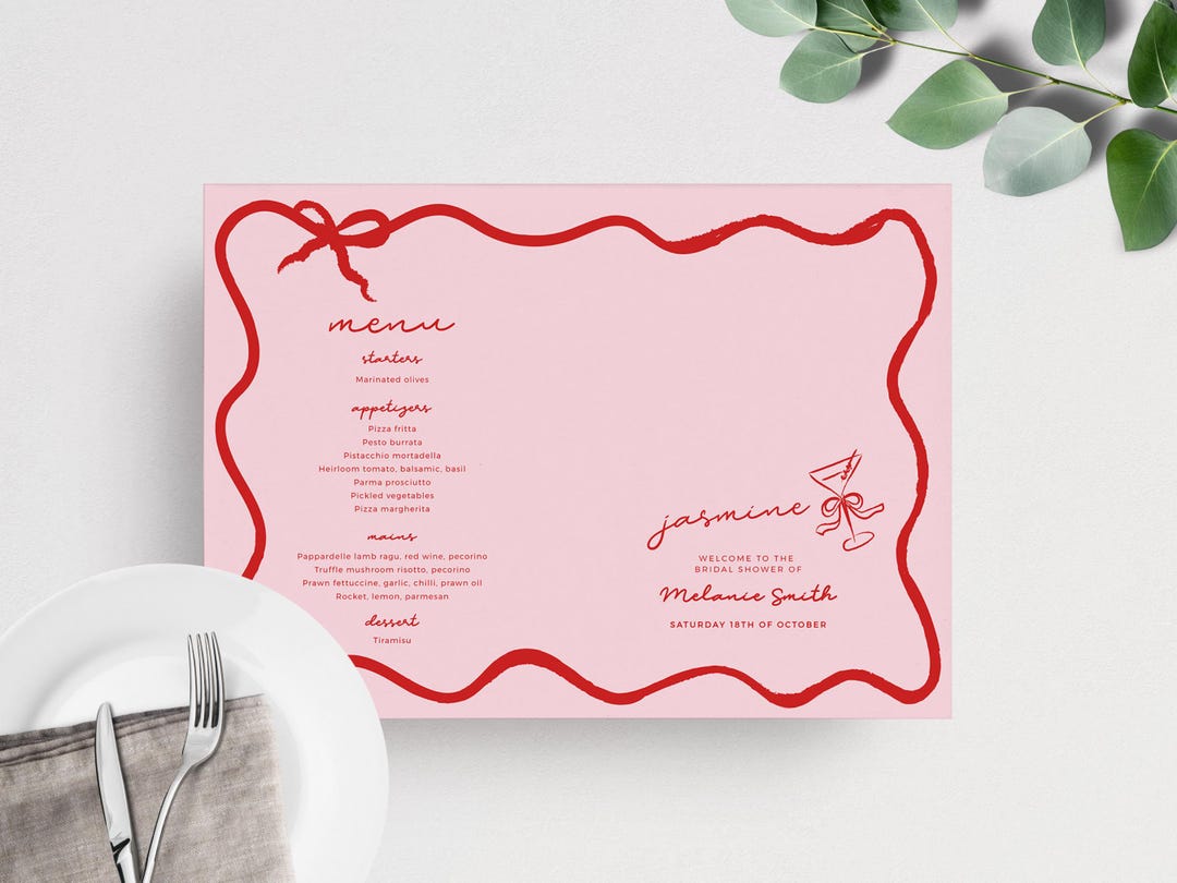 Red Pink Wavy Bow Placemat Menu Template, Baby Shower Hens Bridal ...