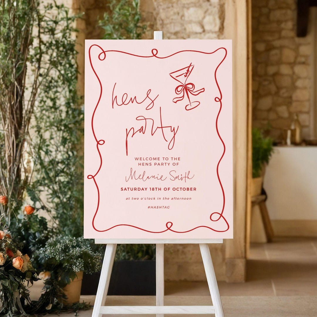 Hens Party Sign Welcome Bridal Shower Sign Printable Pink Red Hens ...