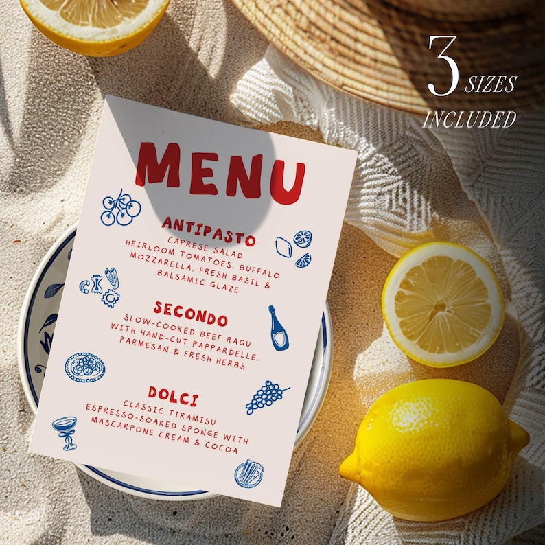 Italian Summer Menu Dinner Party Editable Hand Drawn Birthday Menu ...
