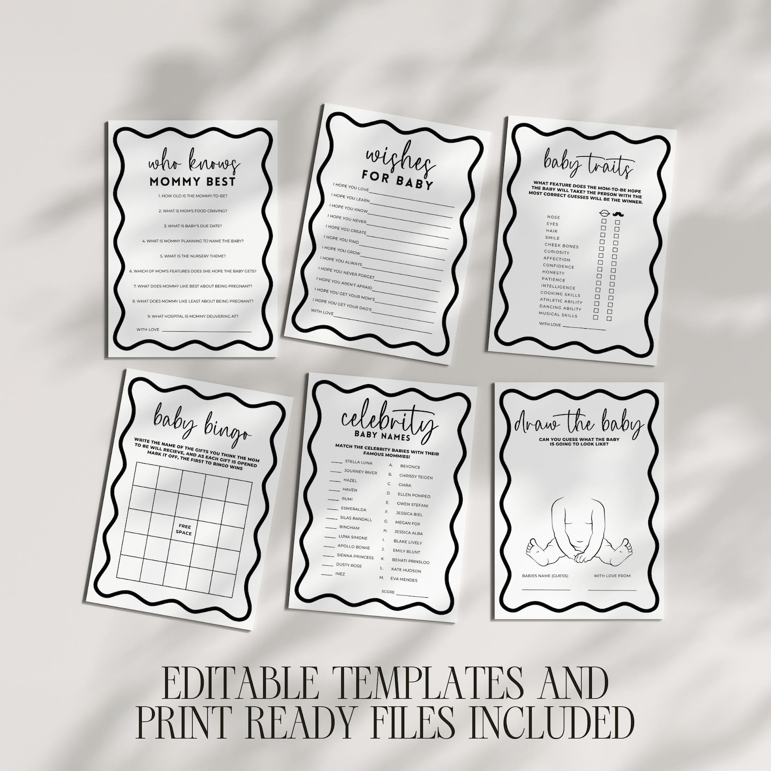Wavy Printable Games Most Fun Baby Shower Bundle Editable Retro ...