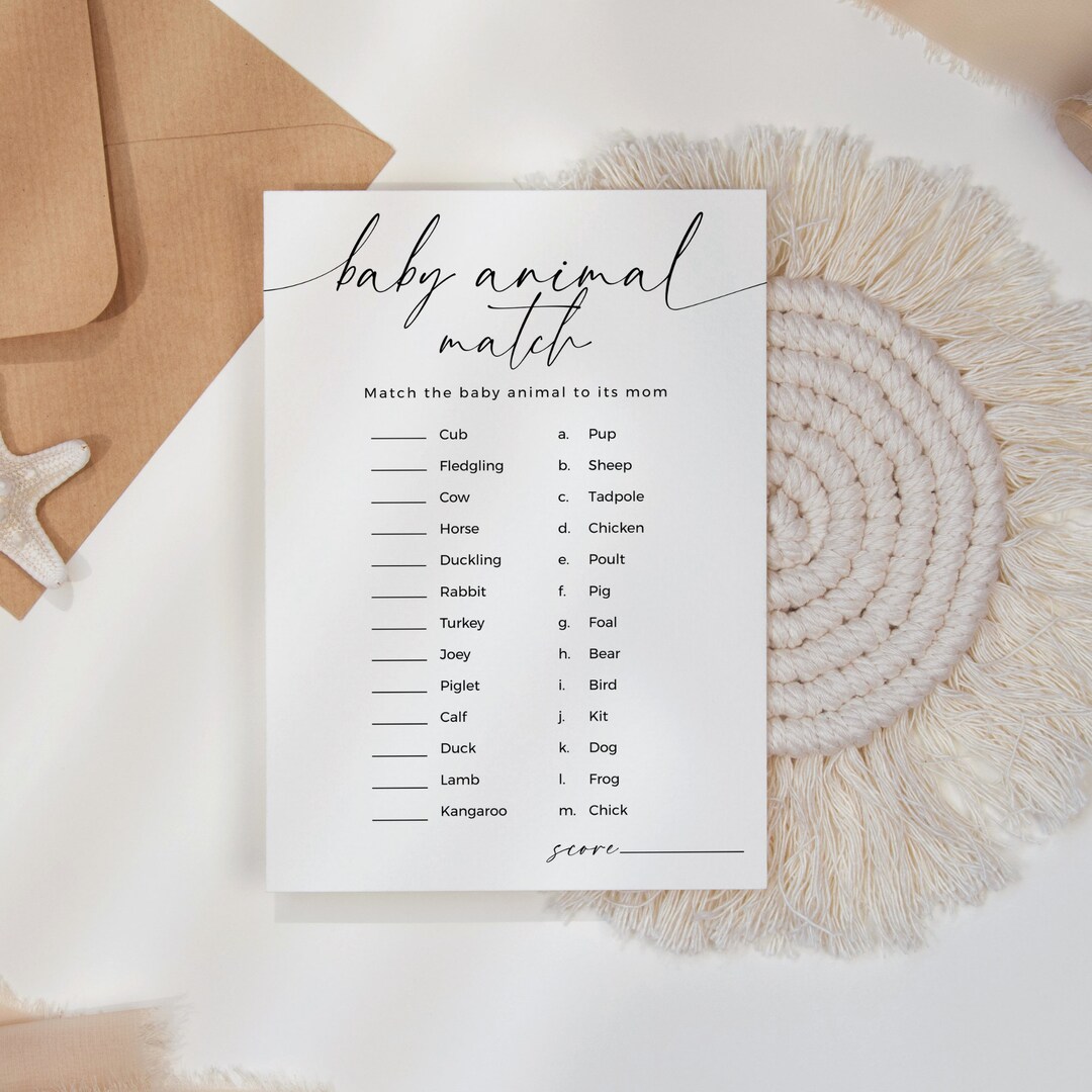 Baby Animal Matching Baby Shower Game Minimalist Theme, Gender Neutral ...