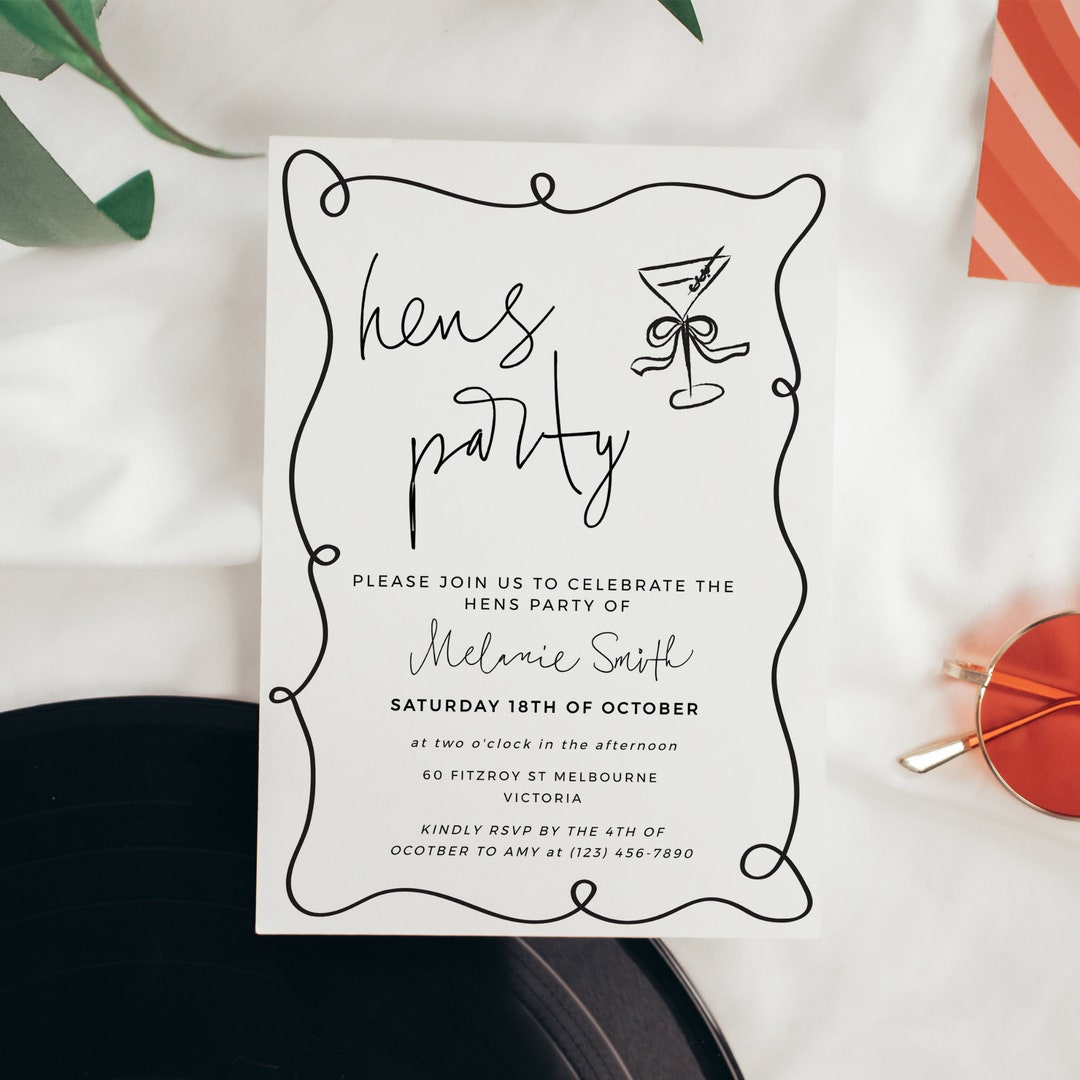Hens Party Invite With Wavy Border, Bridal Shower Party Bachelorette ...