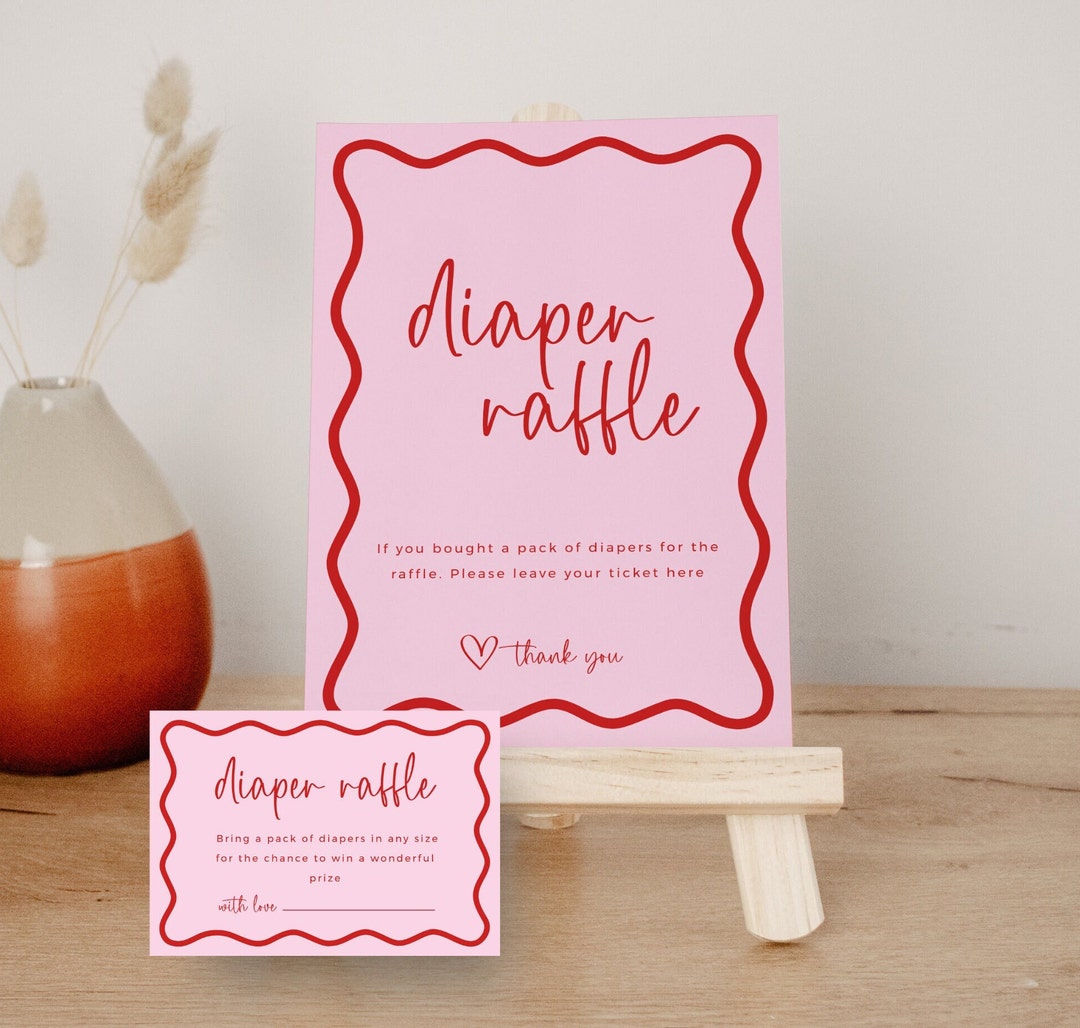 Diaper Raffle Thin Wavy Retro Border Sign, Template Editable DIY Pink ...