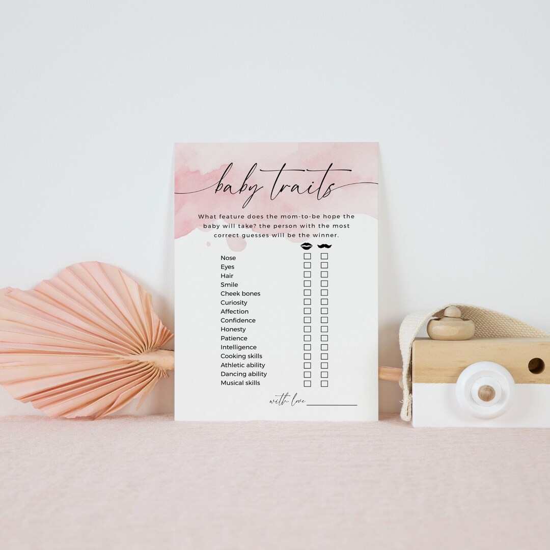 Blush Pink Baby Traits Watercolor Card, Baby Shower Game, Baby ...
