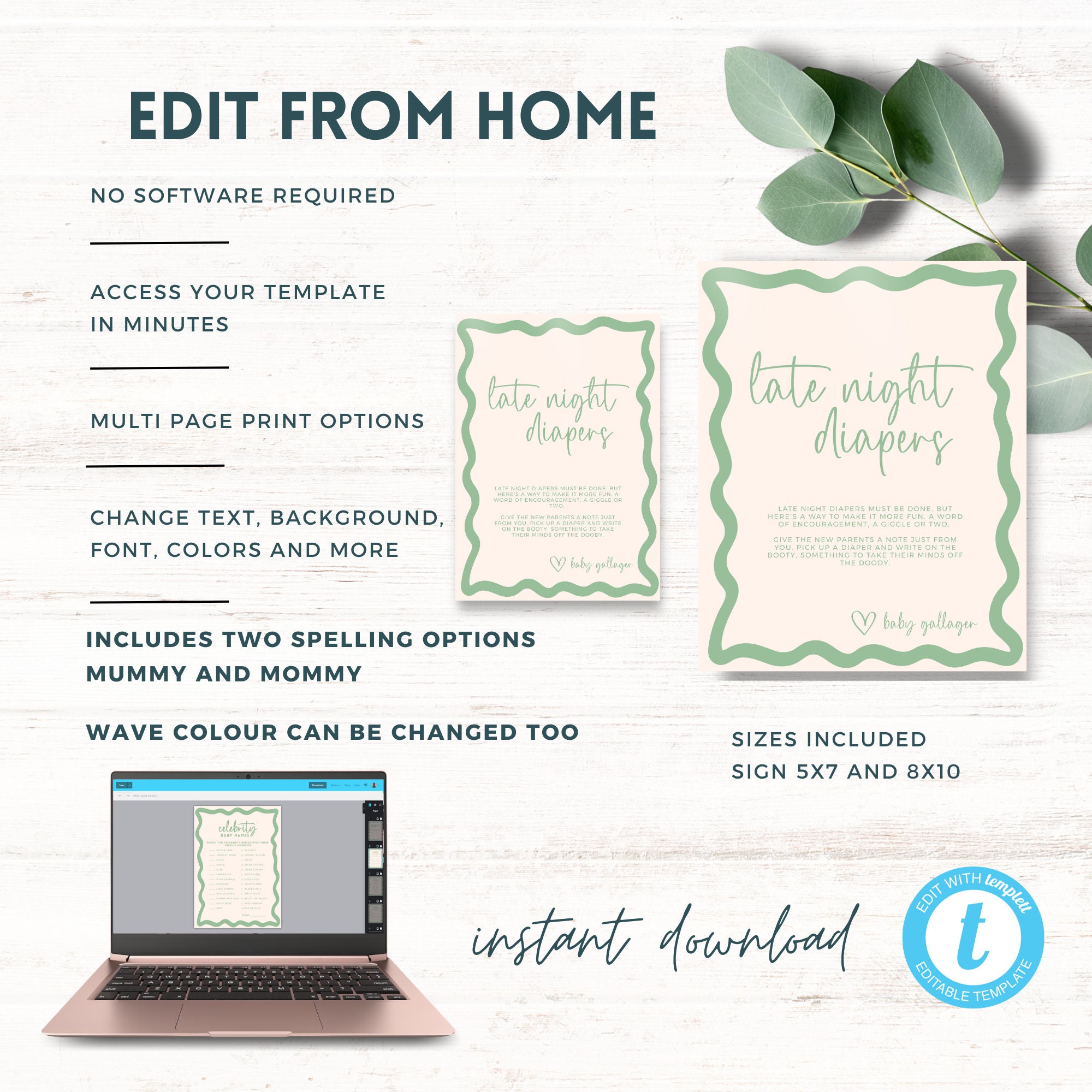 Late Night Diapers Note Sign, Sage Green Wavy Retro Border, Nappy ...