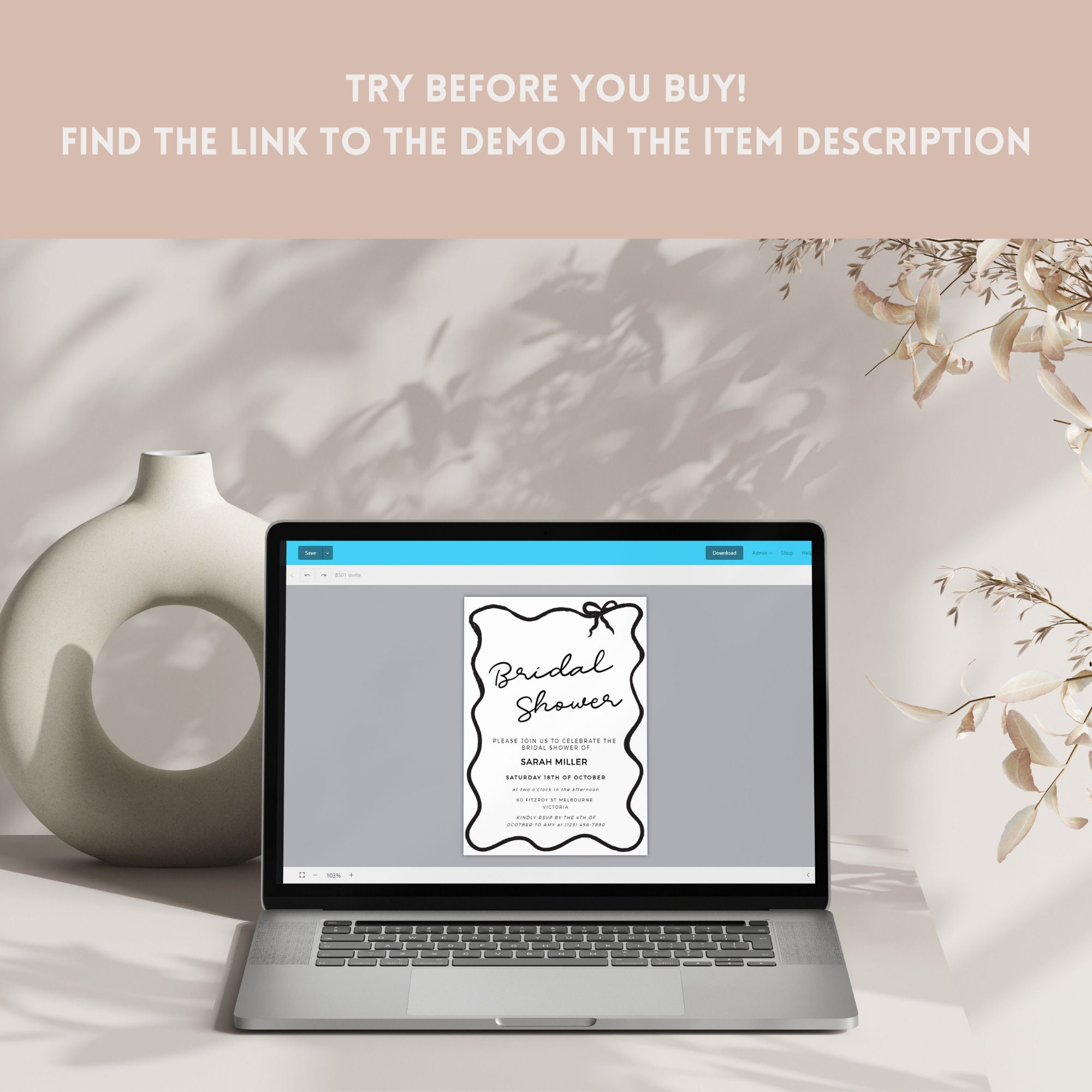 Wavy Border Template Bow Bridal Shower Invitation, Hens Party ...