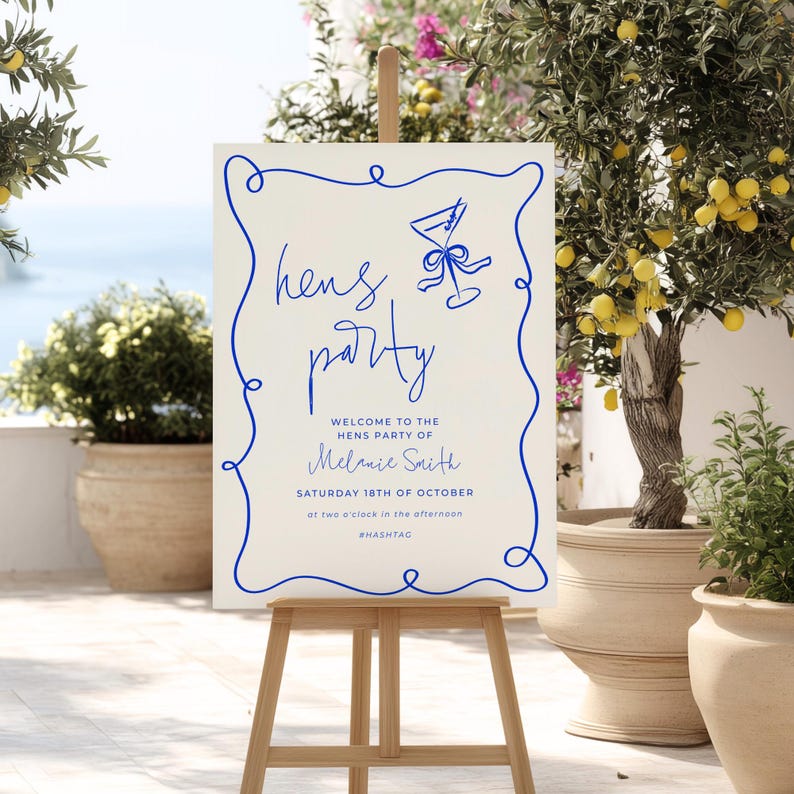 Hens Party Welcome Sign Bridal Shower Blue Theme Hand Drawn Party Sign ...