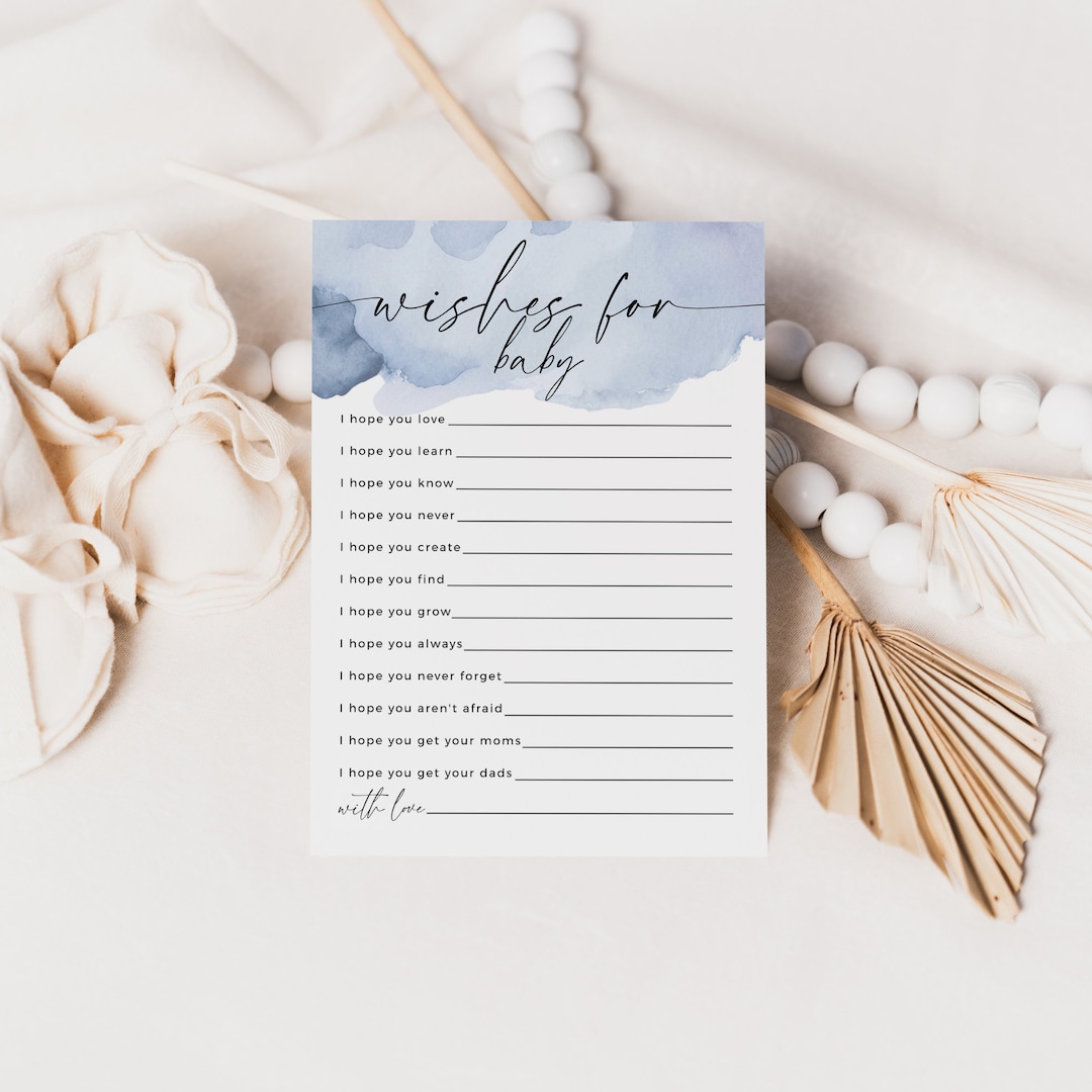 Wishes for Baby Dusty Blue Watercolor Card, Baby Shower Game, Advice ...