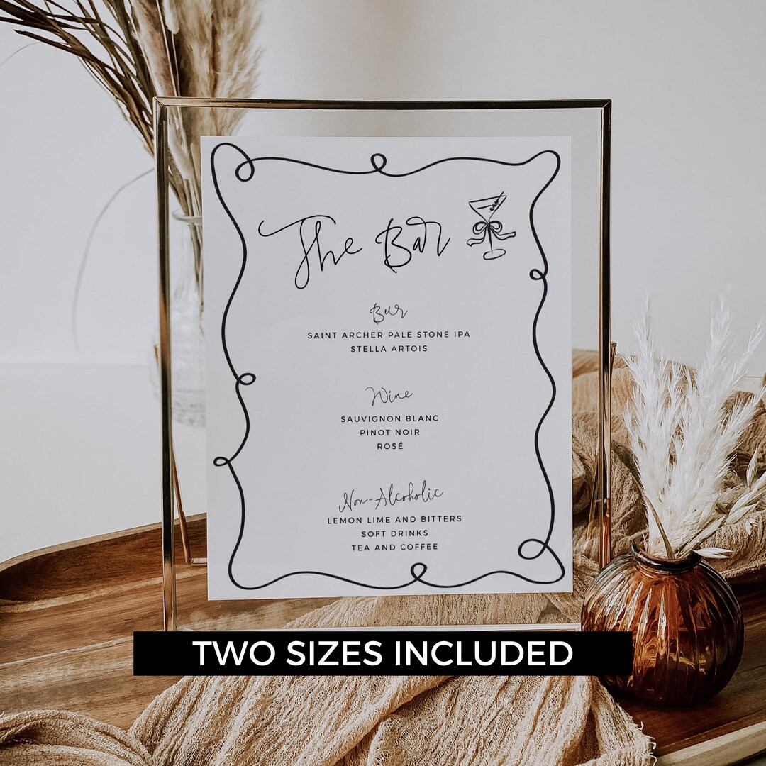 Bar Menu Wavy Border Template Modern Wedding Bridal Shower Bachelorette ...