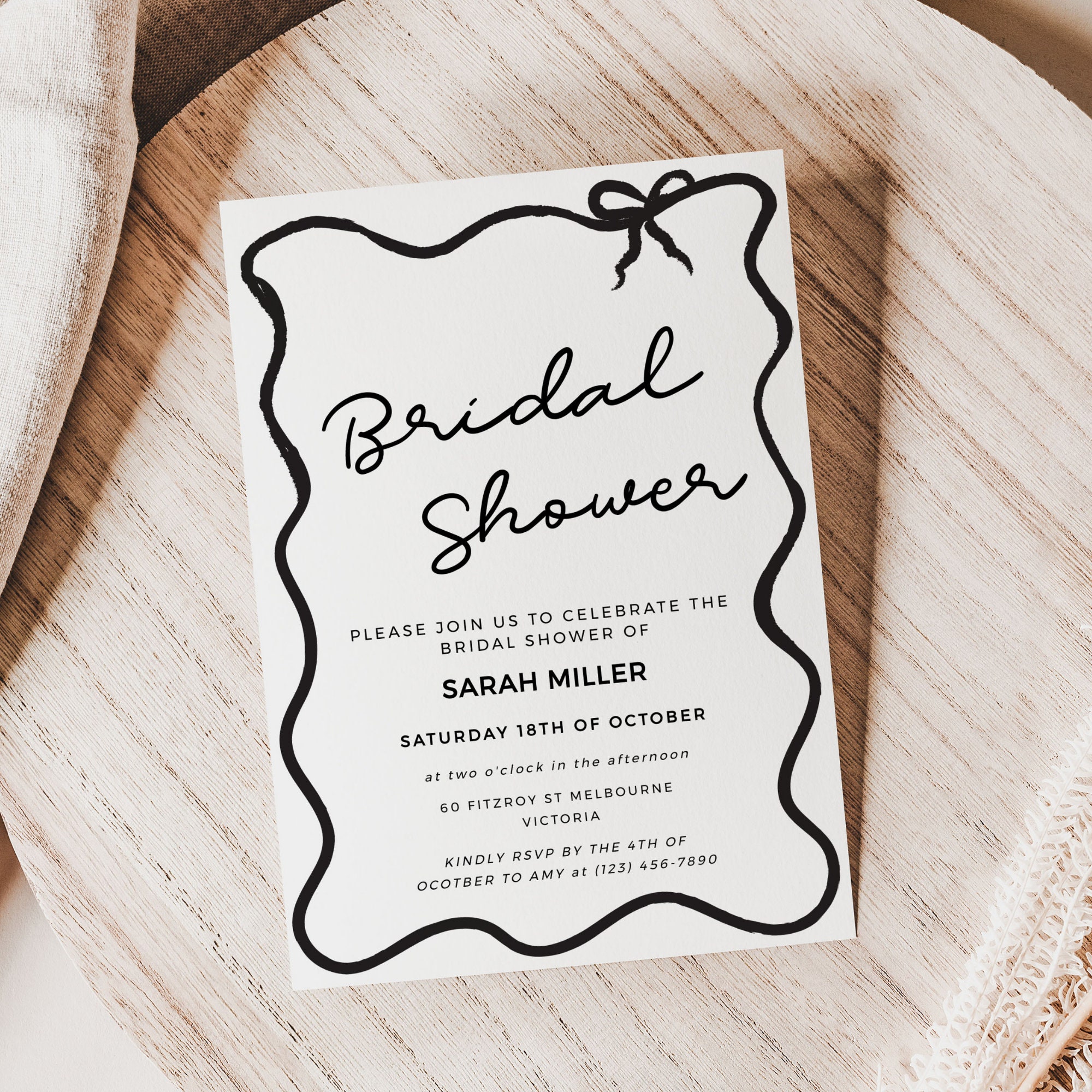 Wavy Border Template Bow Bridal Shower Invitation, Hens Party ...