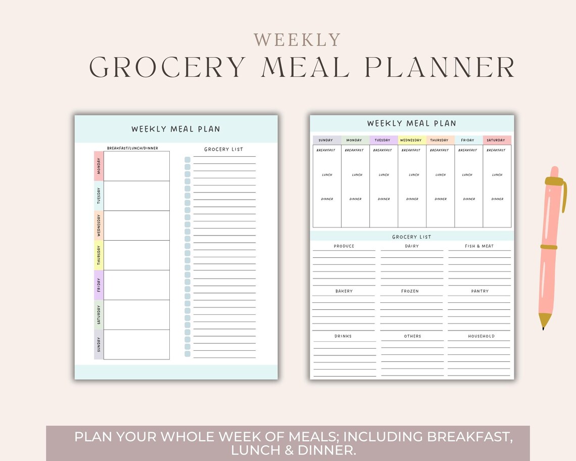 Meal Planner Printable, Digital Weekly Grocery List, Meal Tracker, Food ...