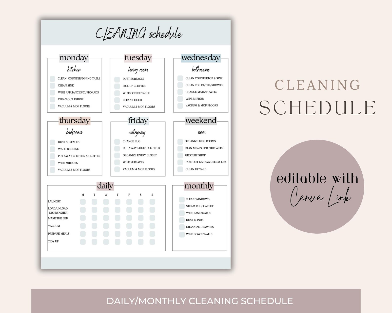 Editable Cleaning Schedule, Printable Cleaning Planner, Household Chore ...