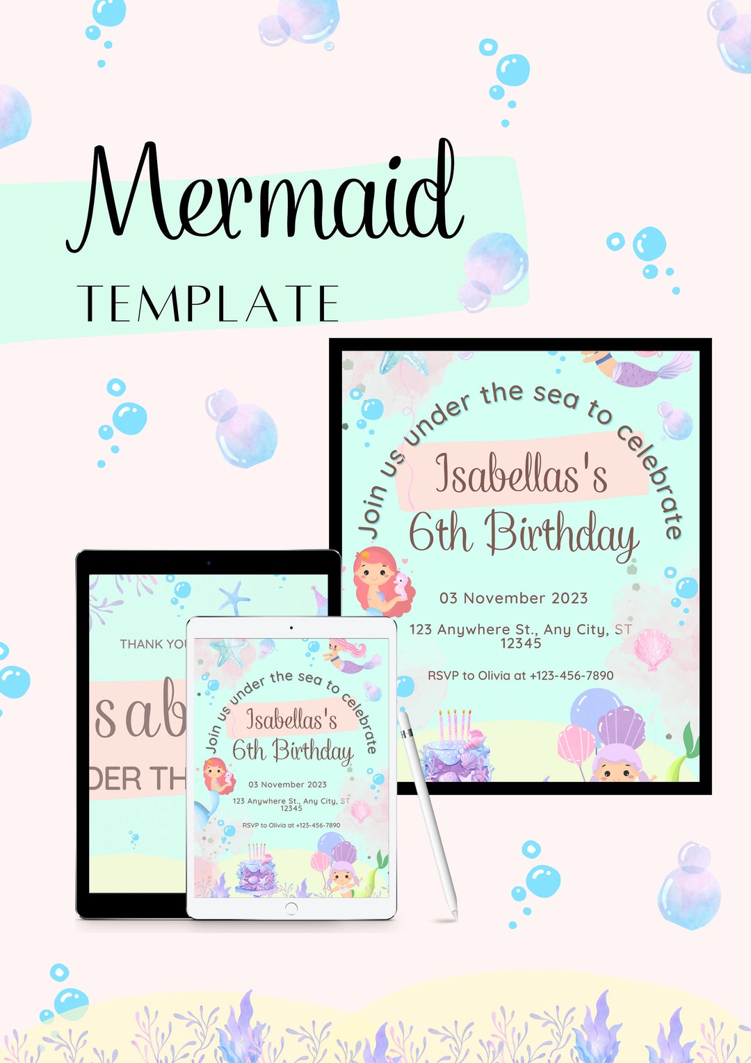 MERMAID - Kids Mermaid Party Invitation Template Download, Kids Mermaid ...