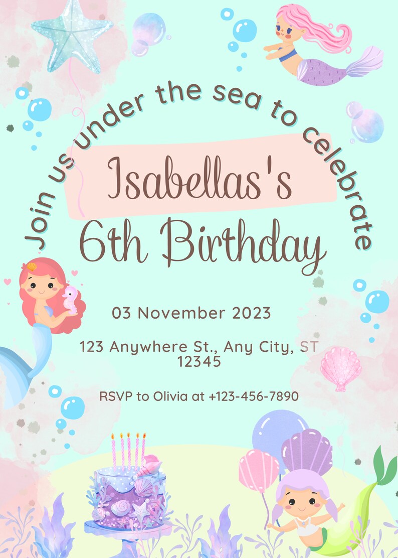 MERMAID - Kids Mermaid Party Invitation Template Download, Kids Mermaid ...