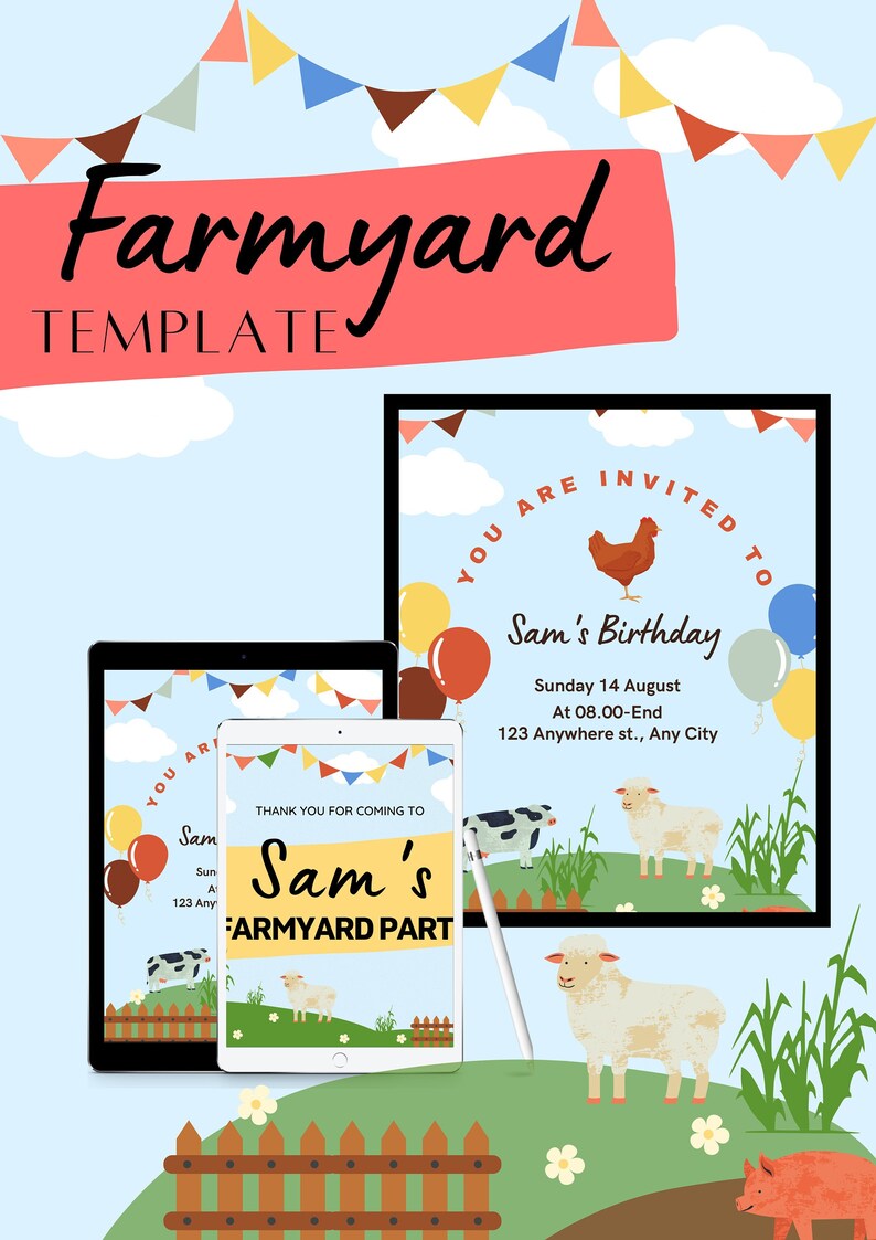 FARMYARD - Kid’s Birthday Invitation Template Download,farmyard ...