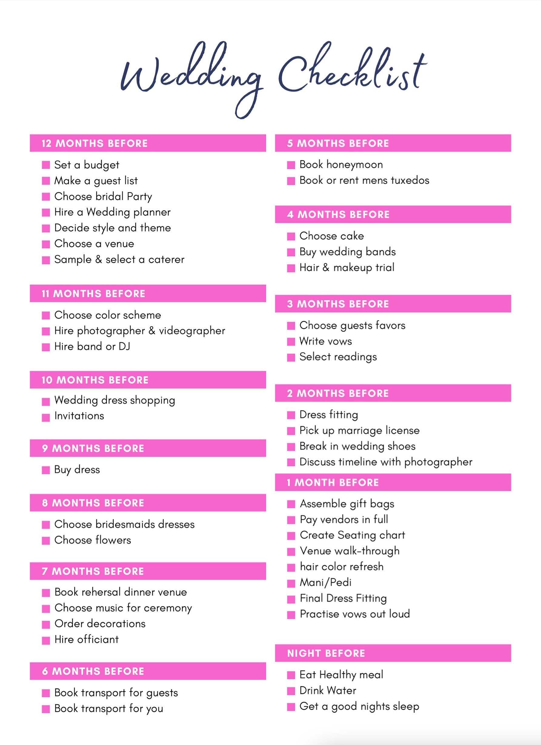 Printable Wedding Timeline Checklist for the Organized Bride and Groom ...