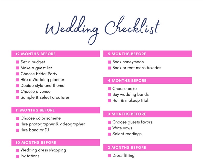 Printable Wedding Timeline Checklist for the Organized Bride and Groom ...