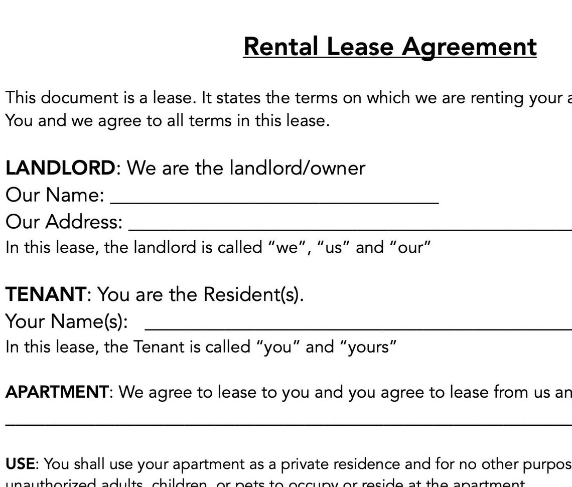 DIGITAL - Rental or Apartment Lease Document Contract for Tenant and ...