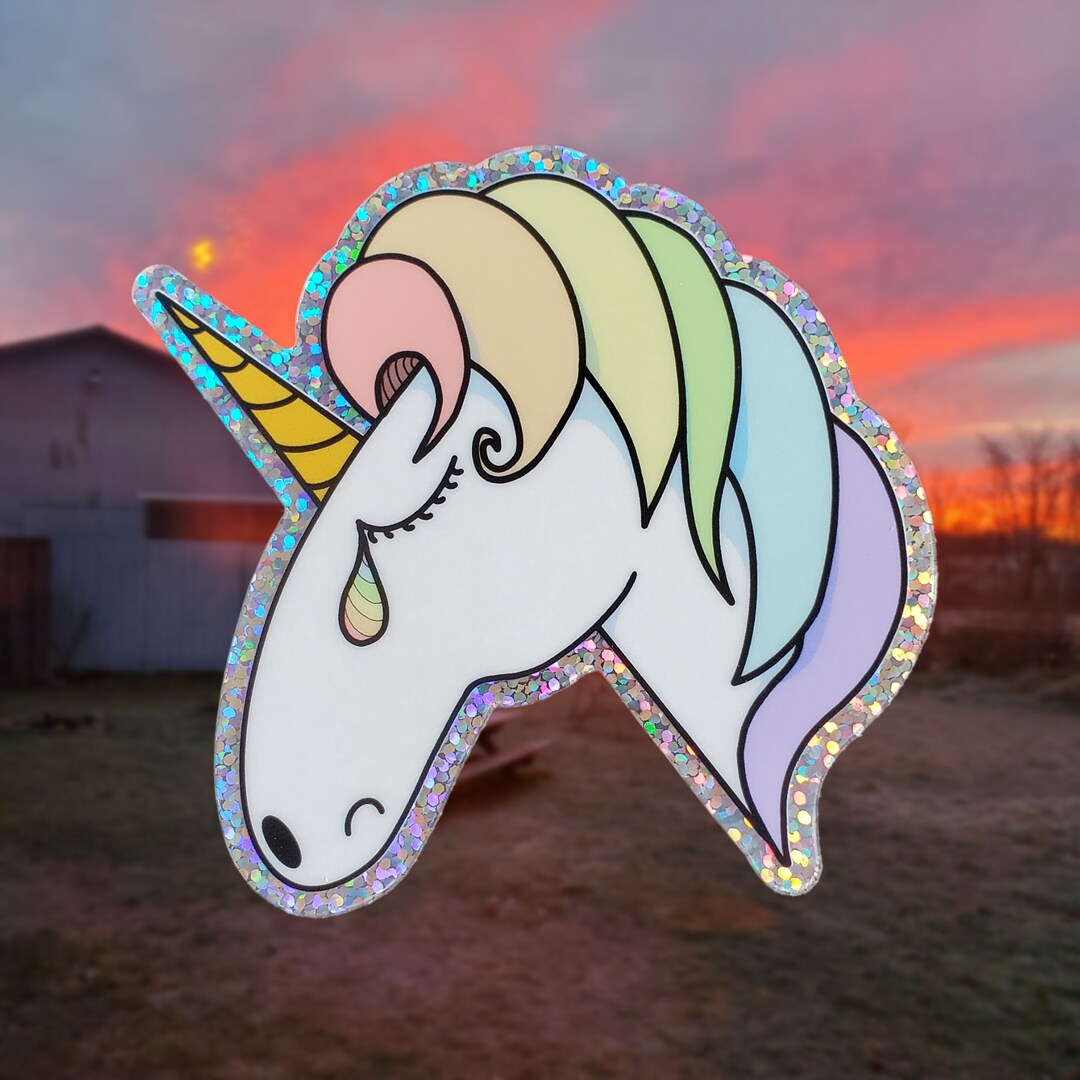 3" Sad Unicorn Vinyl Glitter Sticker, Sparkly Emotional Mythical ...