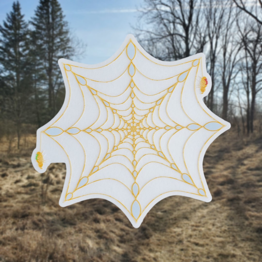 3.5" Clear Fancy Spider Web Vinyl Sticker, Golden Gem-studded Web Decal ...