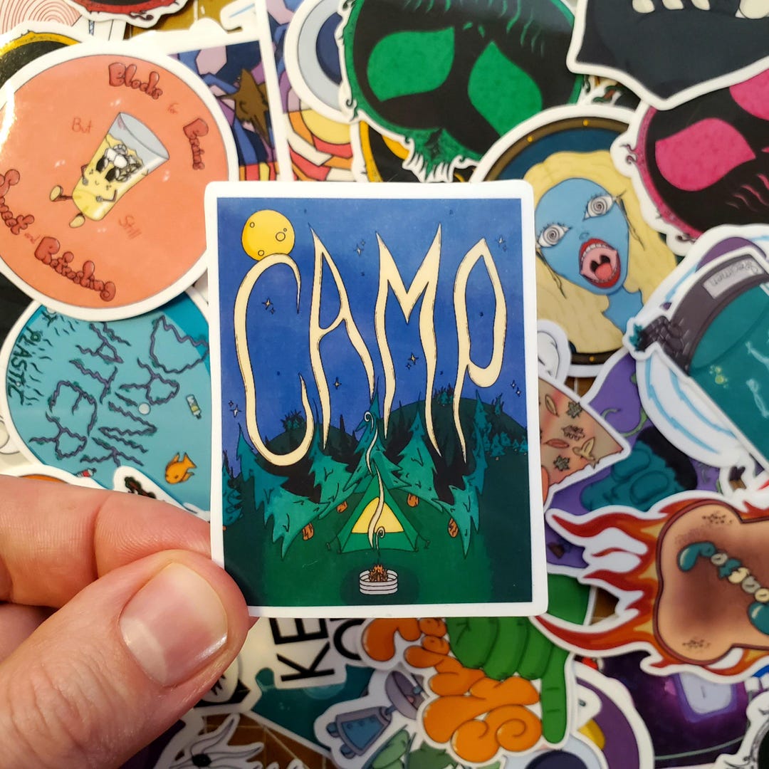 Camp Poster Hand-cut Vinyl Sticker, Tent and Campfire Decal, Night ...