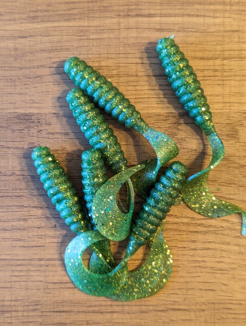 3 Gilded Emerald Grub Curl Tail Handmade Soft Bait 6 Pack Expertly ...