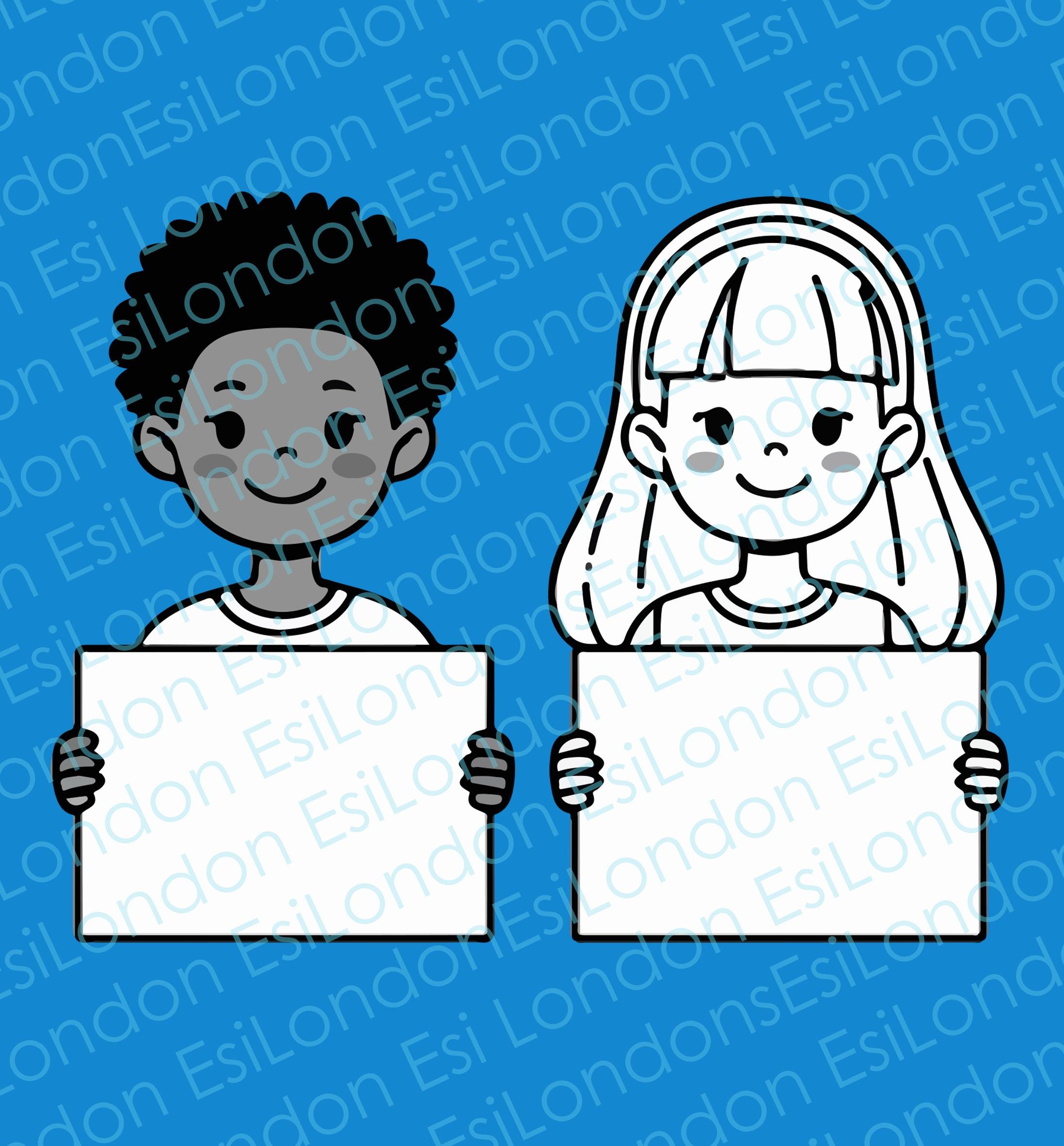 11 Diverse Kids Holding Blank Signs - Digital Image Files - Black and ...