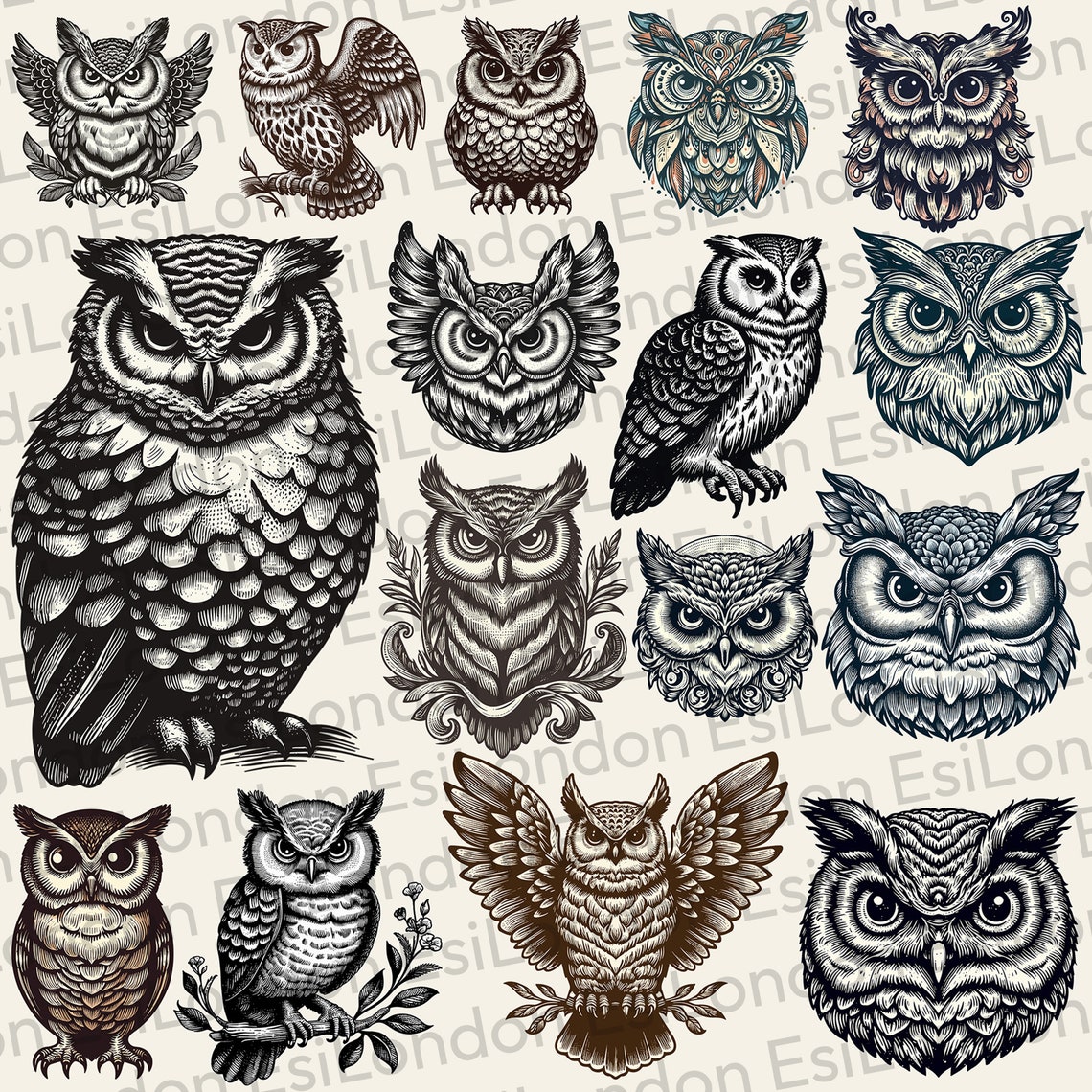 Vintage Owl Elements - Svg & Png Bundle - 30 Regal Owls Embellishments ...