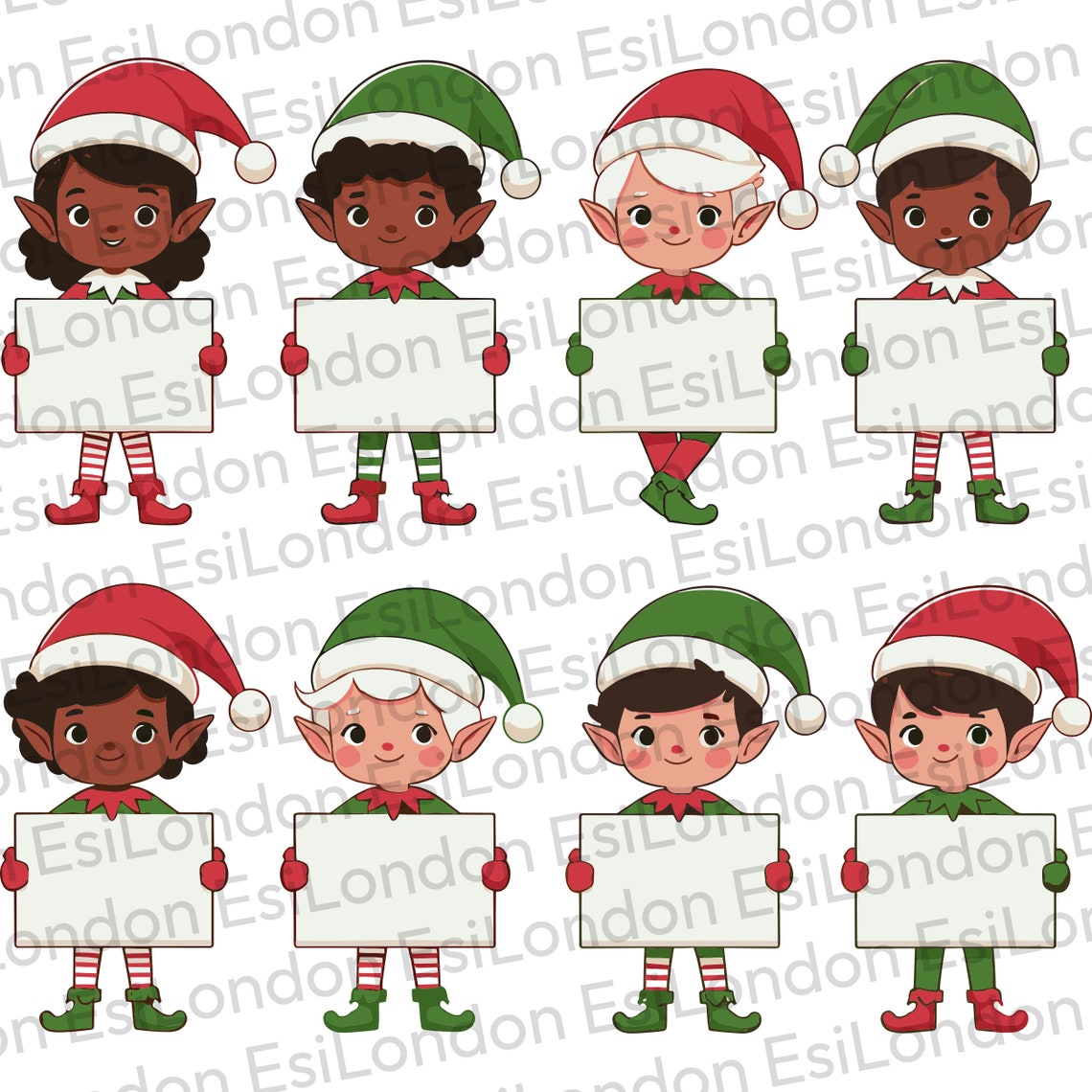 8 Christmas Elves Holding Blank White Signs-digital Image-commercial ...