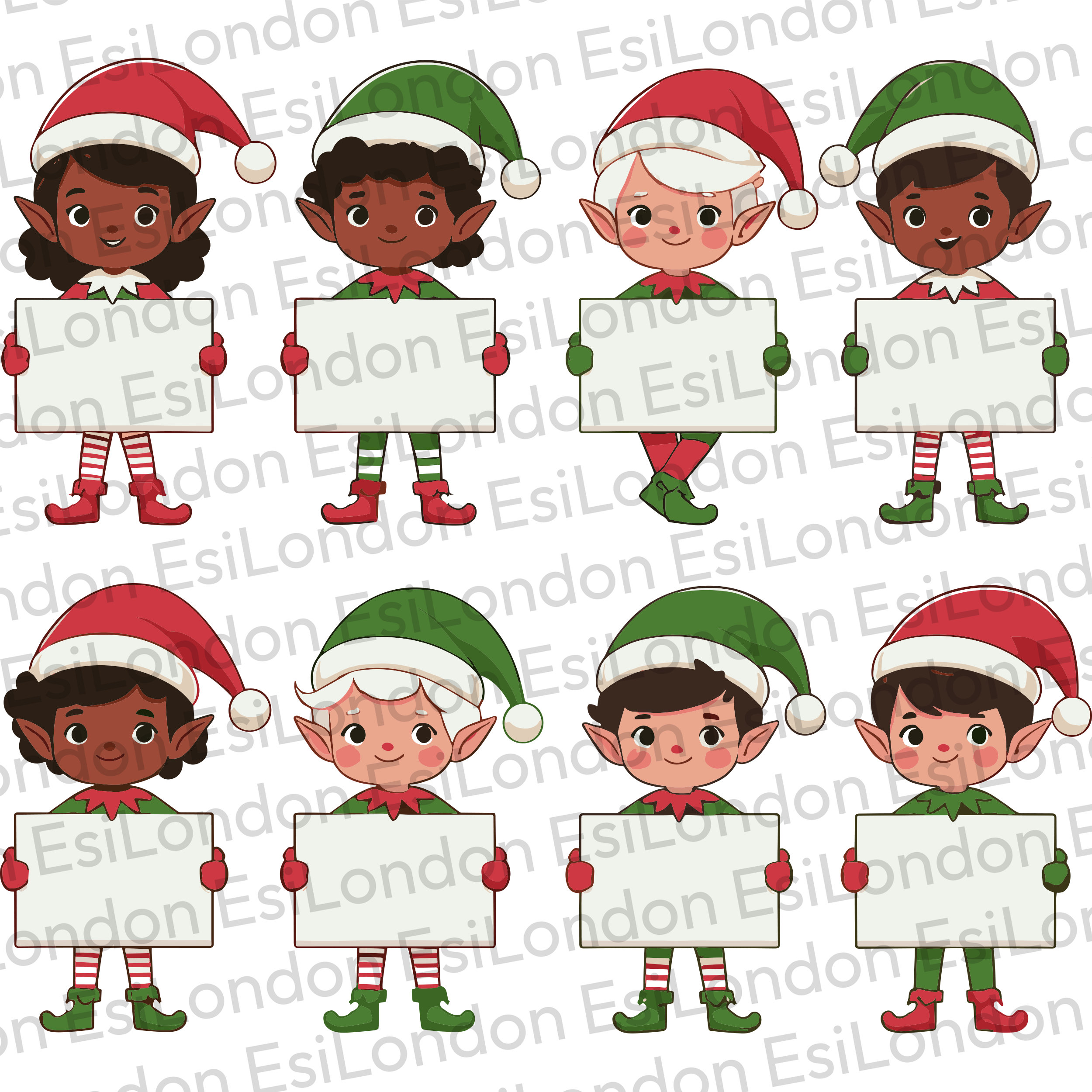 8 Christmas Elves Holding Blank White Signs-digital Image-commercial ...