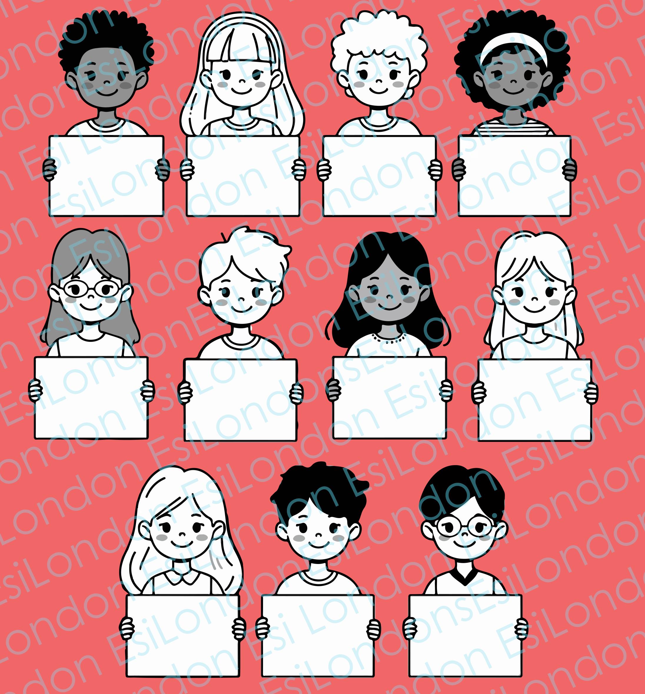 11 Diverse Kids Holding Blank Signs - Digital Image Files - Black and ...
