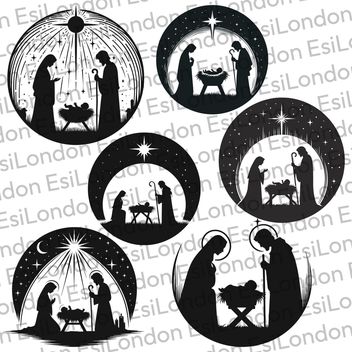 6 Christmas Nativity Scene Circular Silhouettes Svgs Pngs-jesus, Mary ...