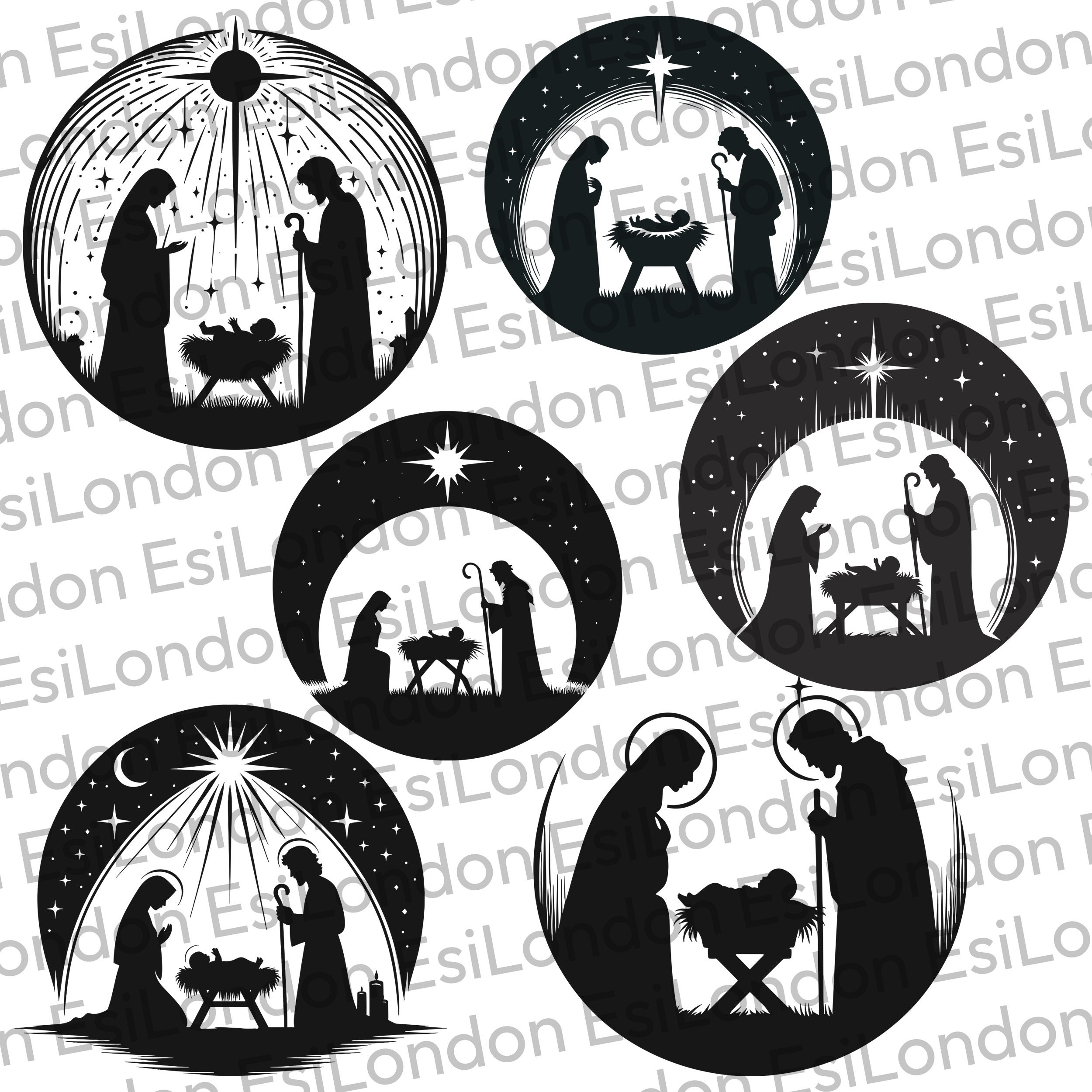 6 Christmas Nativity Scene Circular Silhouettes Svgs Pngs-jesus, Mary ...