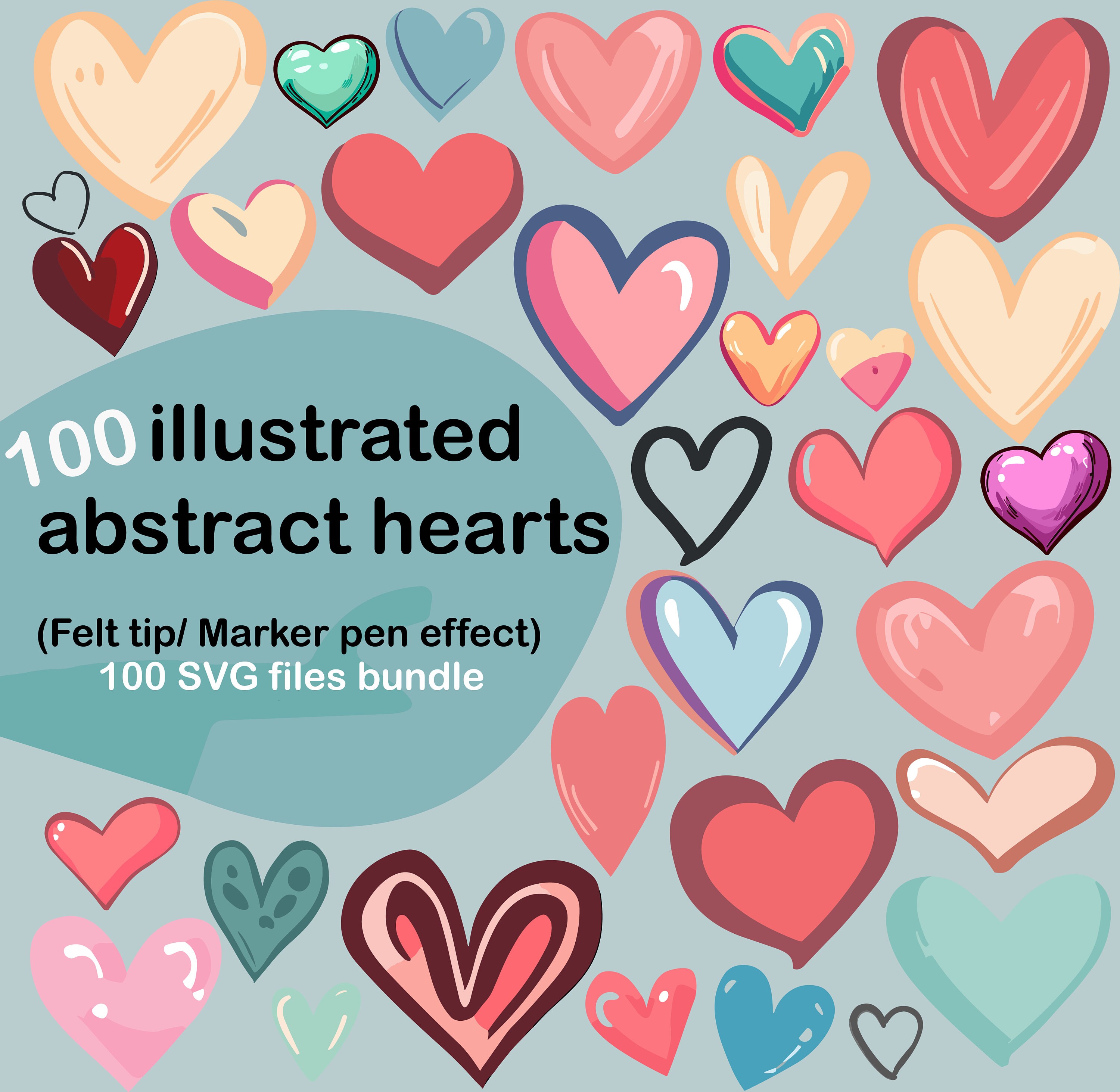 100 Abstract Heart SVG Digital Bundle Hand-drawn Marker/felt - Etsy